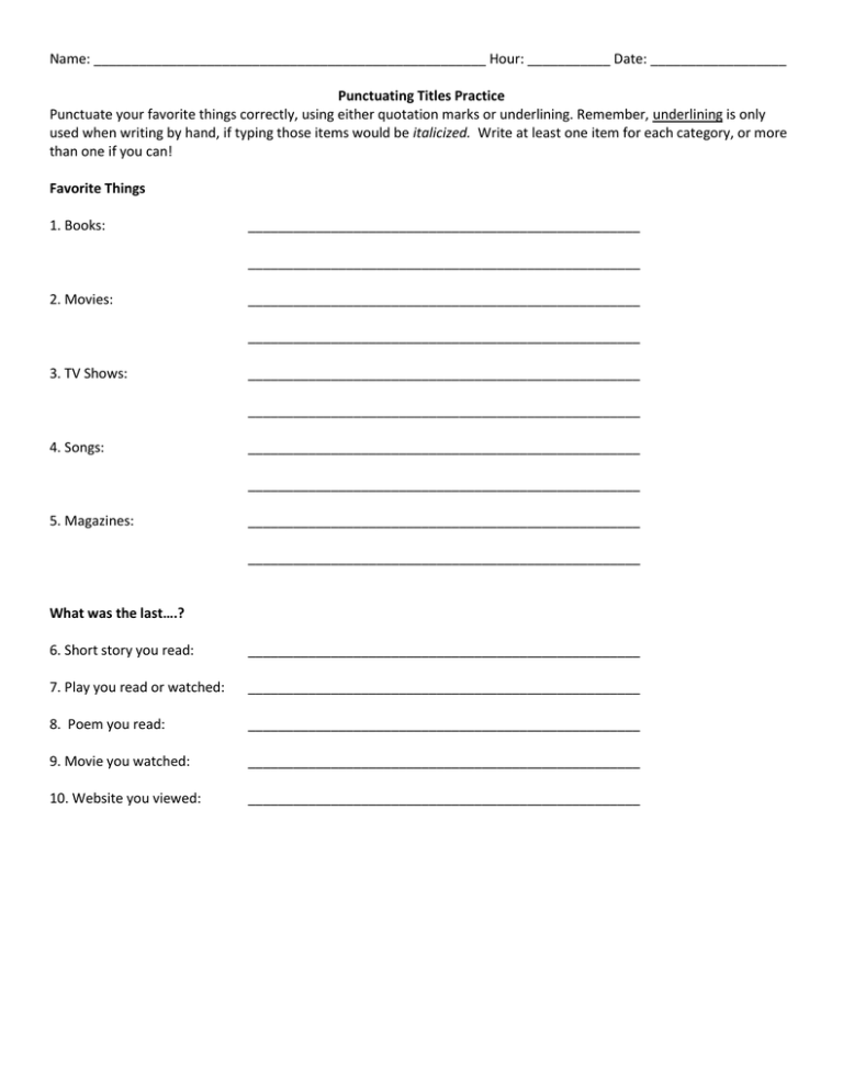 Punctuating Titles Practice
