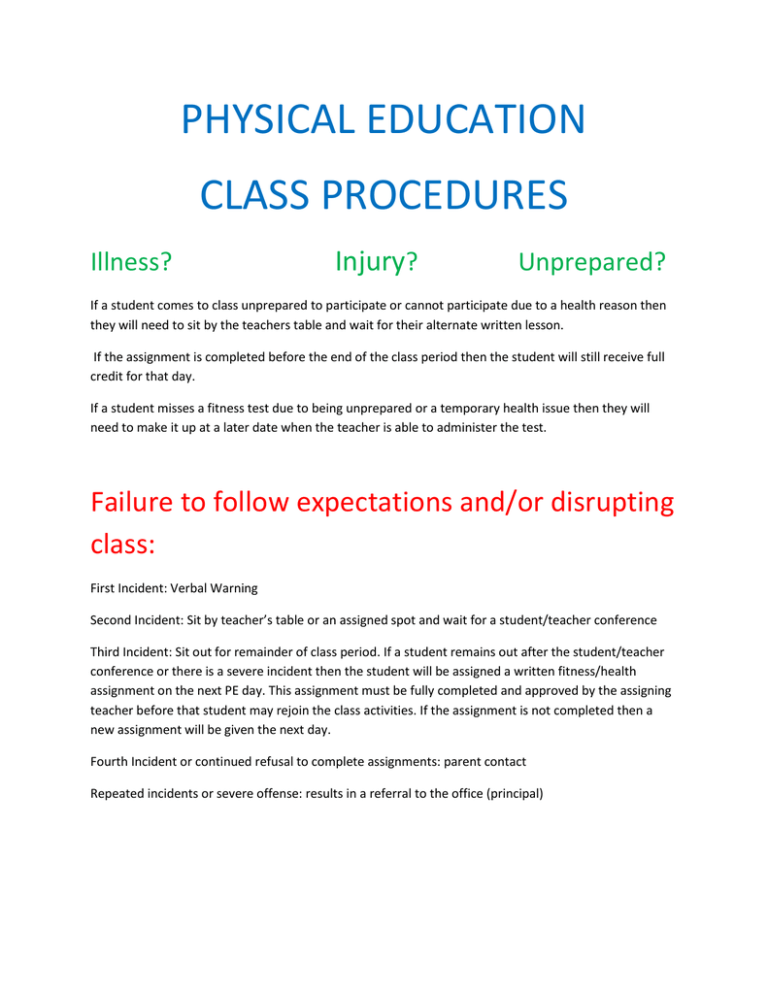 PHYSICAL EDUCATION CLASS PROCEDURES Injury Illness?