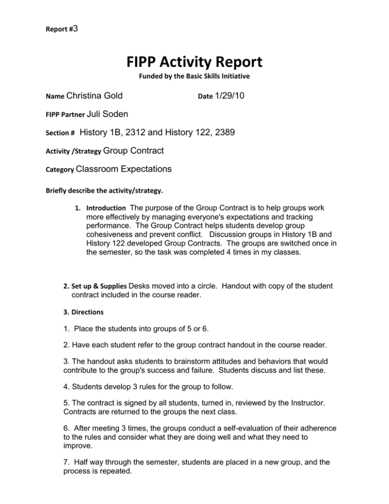 FIPP Activity Report: Group Contracts in History Classes