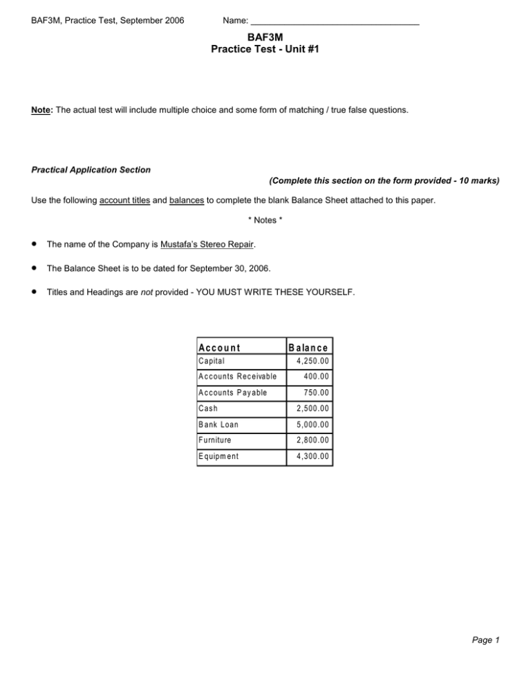 BAF3M Practice Test: Balance Sheet Creation