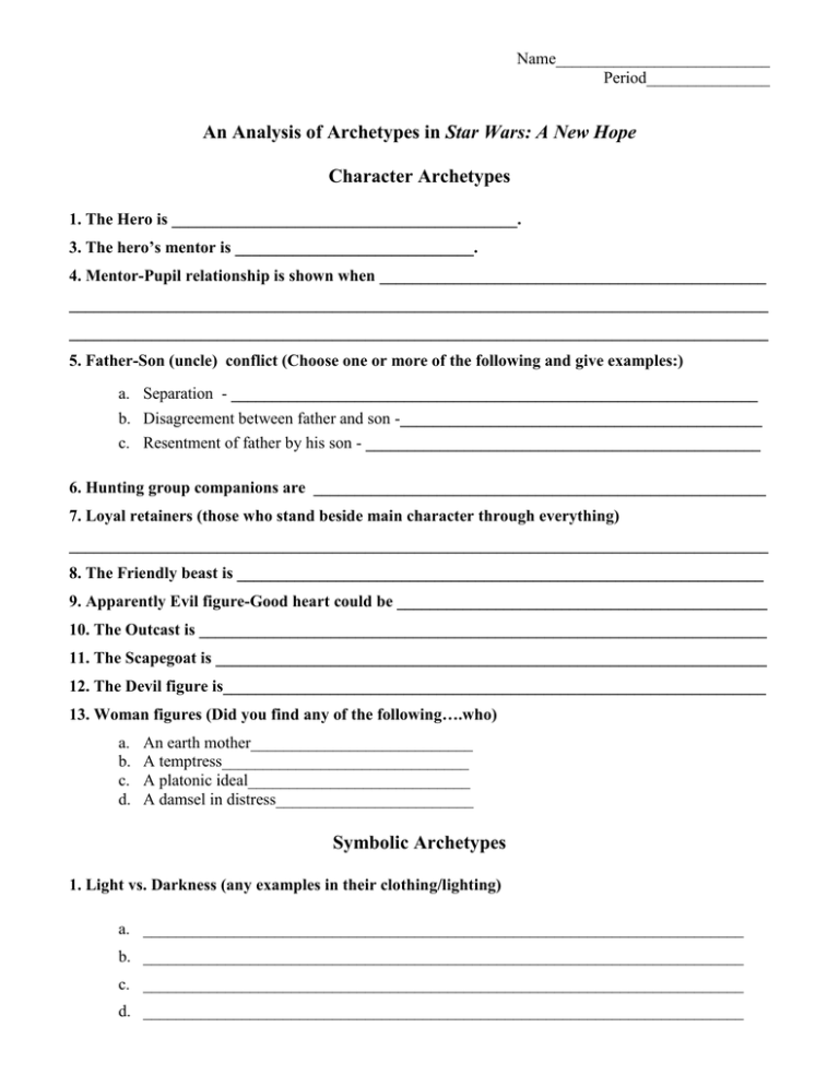 Star Wars: A New Hope Archetype Analysis Worksheet