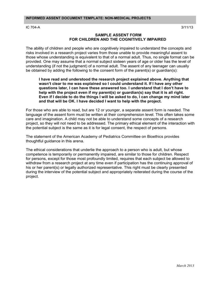 Informed Assent Template: Children & Cognitively Impaired