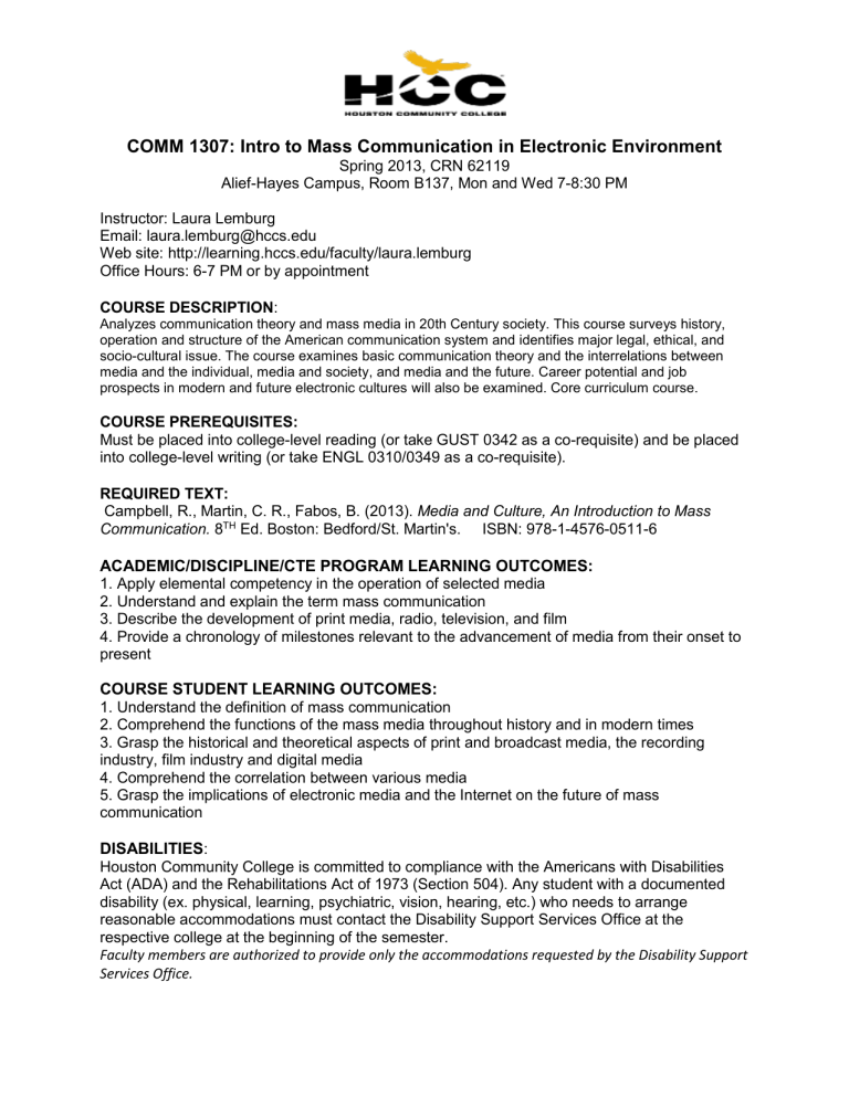 COMM 1307 Syllabus: Mass Communication & Electronic Media