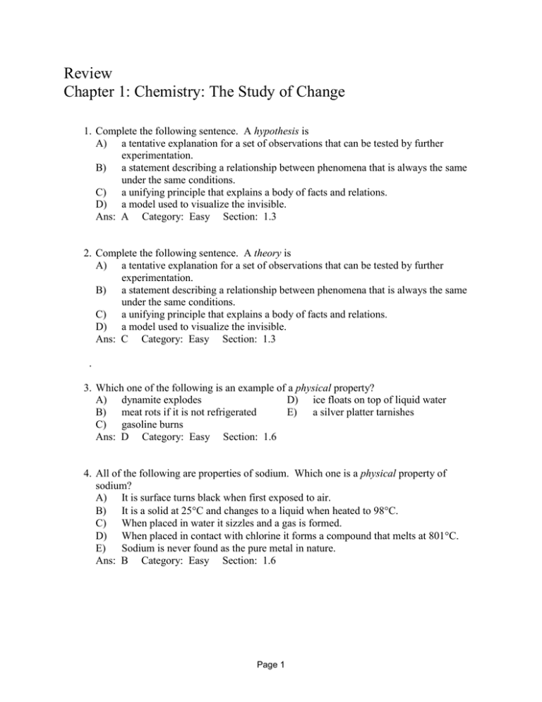 Review Chapter 1: Chemistry: The Study of Change