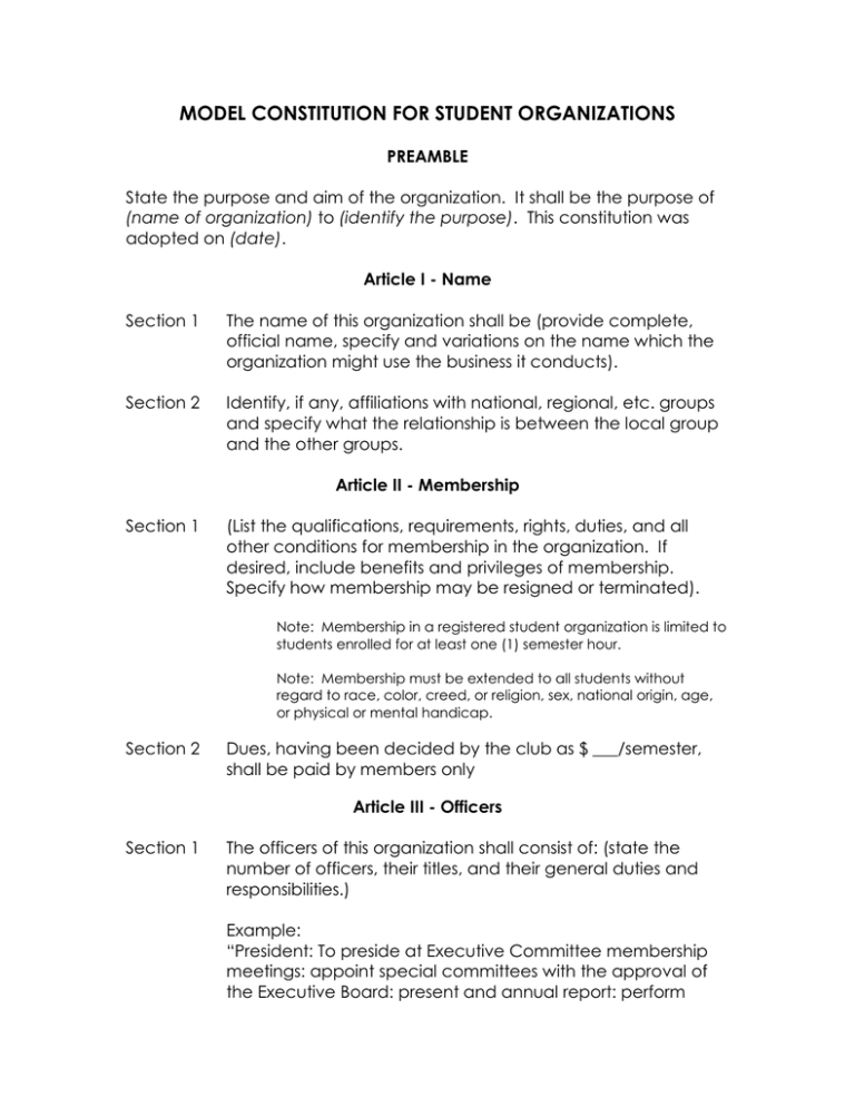 Student Organization Constitution Template