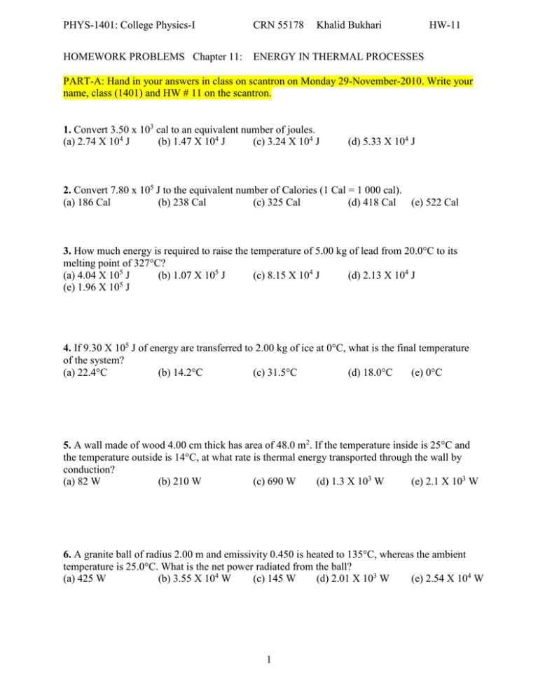 College Physics I: Thermal Energy Homework Problems