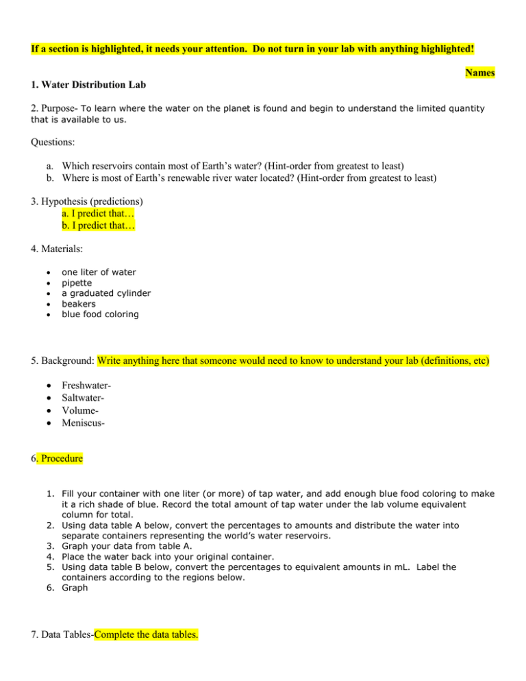 Water Distribution Lab: Earth's Reservoirs & River Water