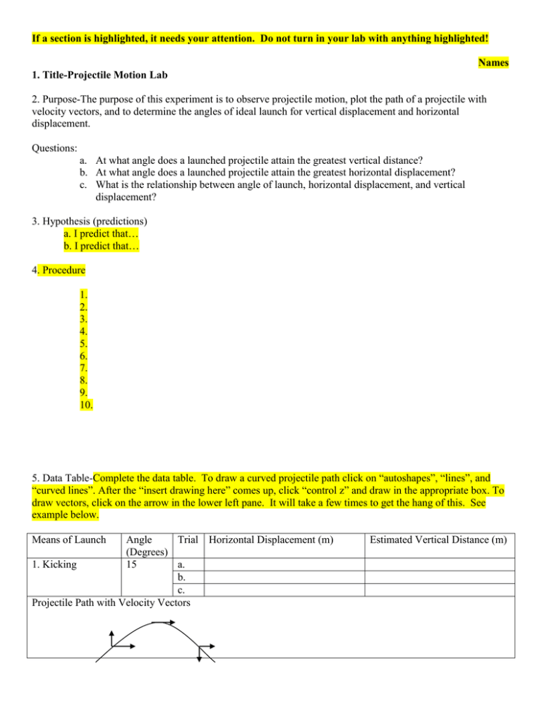 Projectile Motion Lab Report Template