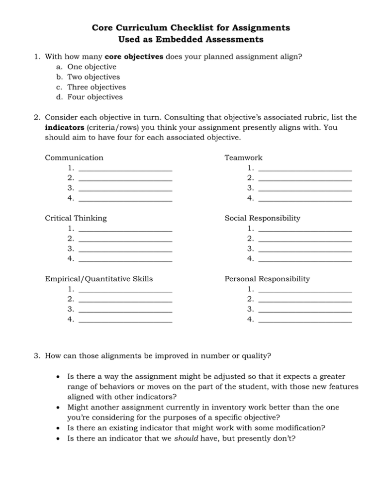 Core Curriculum Checklist for Assignments