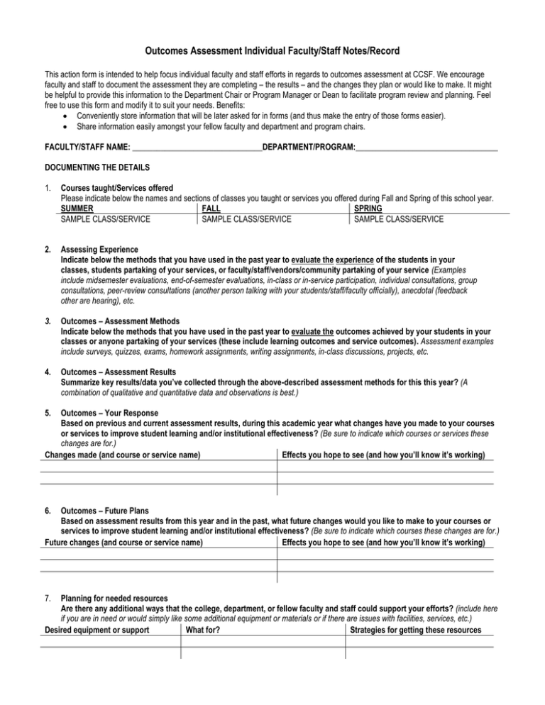 Outcomes Assessment Form for Faculty & Staff