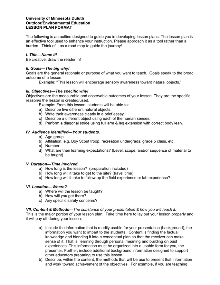 Lesson Plan Format: Outdoor/Environmental Education