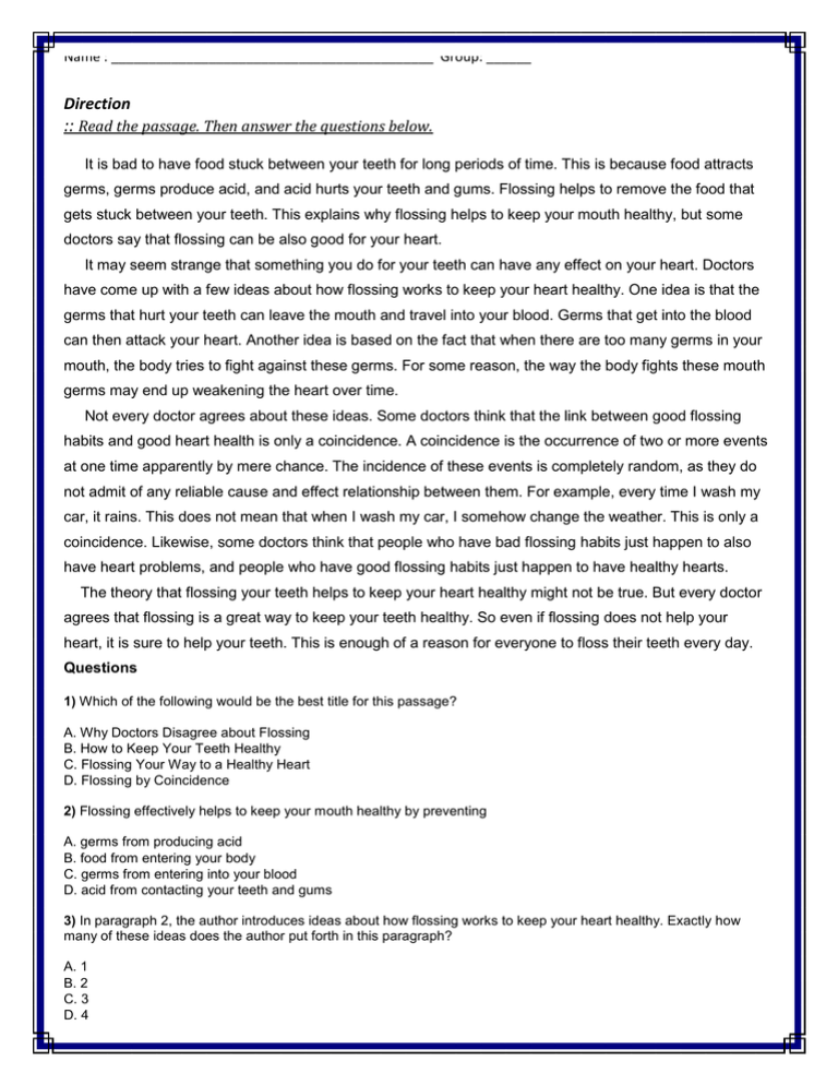 Direction Read The Passage Then Answer The Questions Below Direction Read The Passage Then Answer The Questions Below