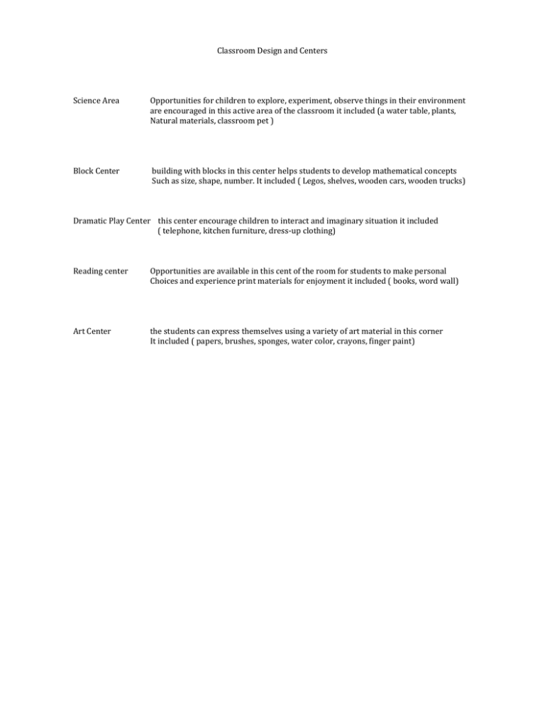 Classroom Design and Centers Science Area