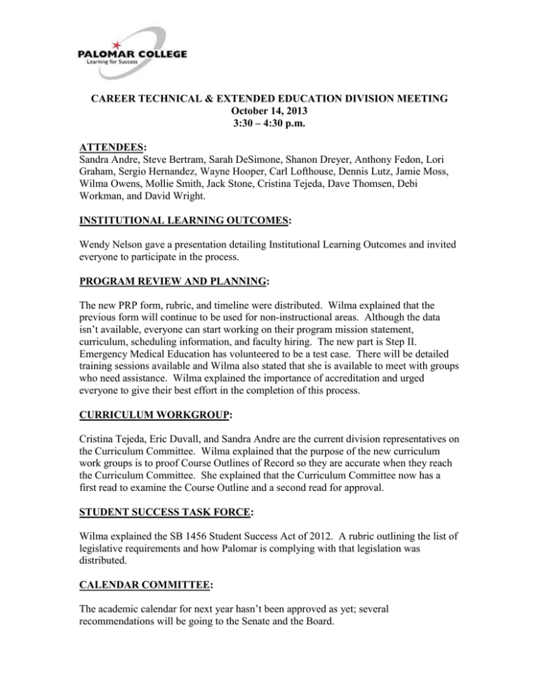 DIVISION MEETING MINUTES October 14, 2013