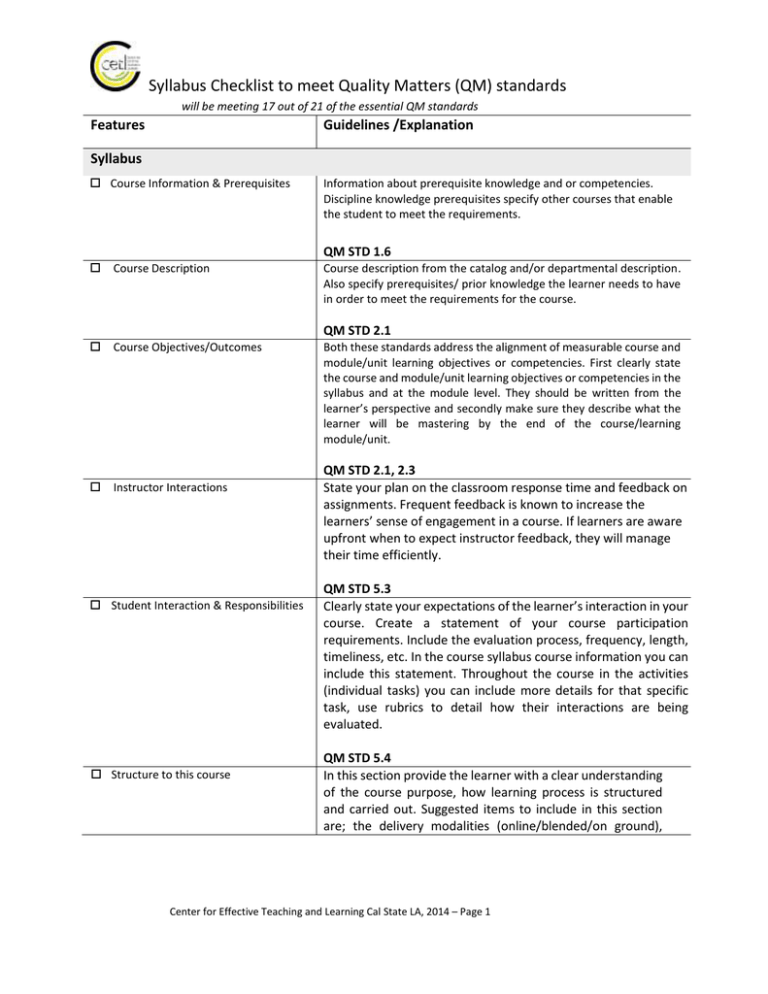 QM Syllabus Checklist: Quality Matters Standards