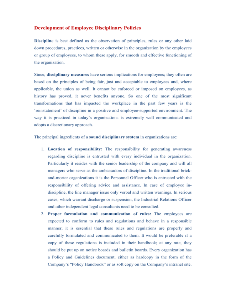 Development of Employee Disciplinary Policies