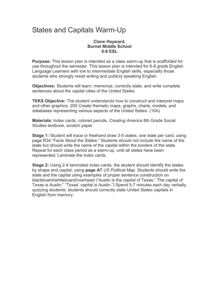 States and Capitals Lesson Plan for ESL Students
