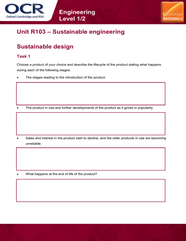 Engineering Level 1/2 – Sustainable engineering Unit R103