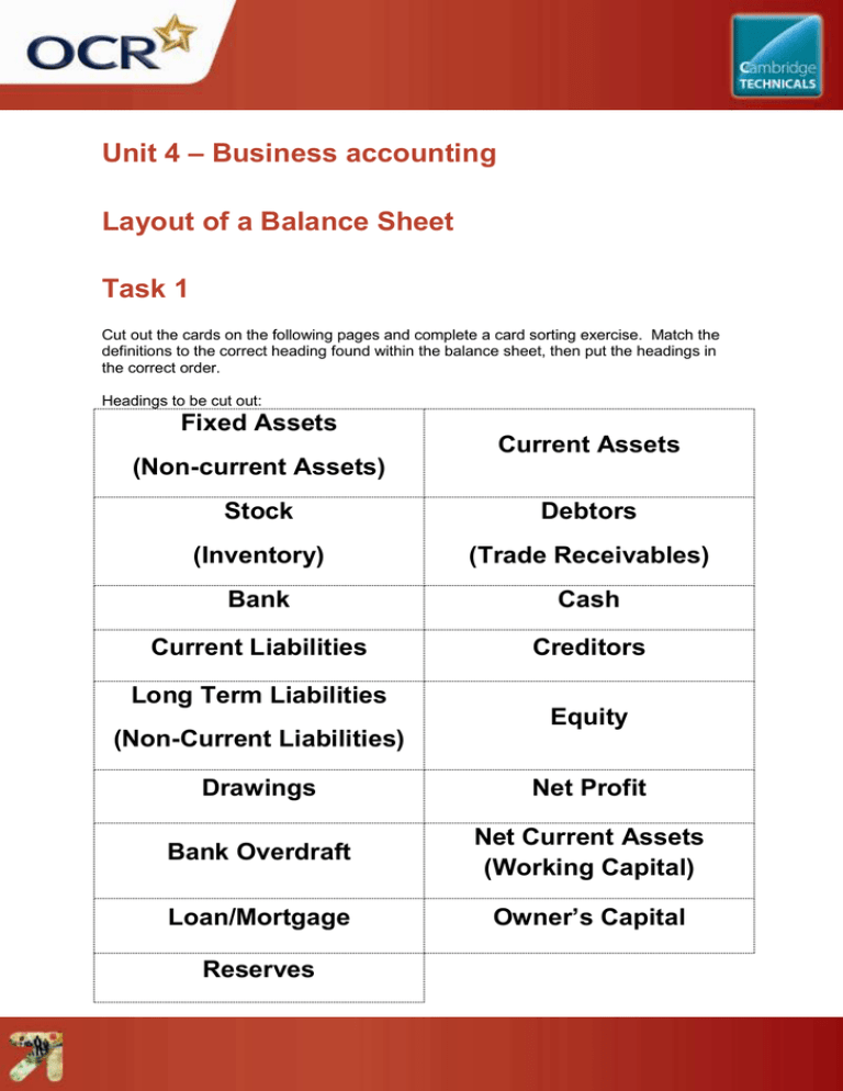 Unit 04 - Layout of a Balance Sheet - Lesson element learner task (DOC ...