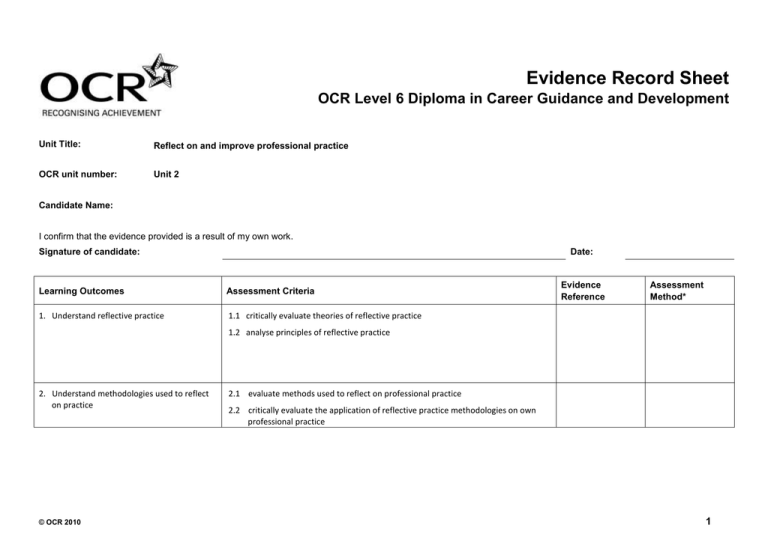 Level 6 - Unit 02 - Evidence record sheet (DOC, 122KB)