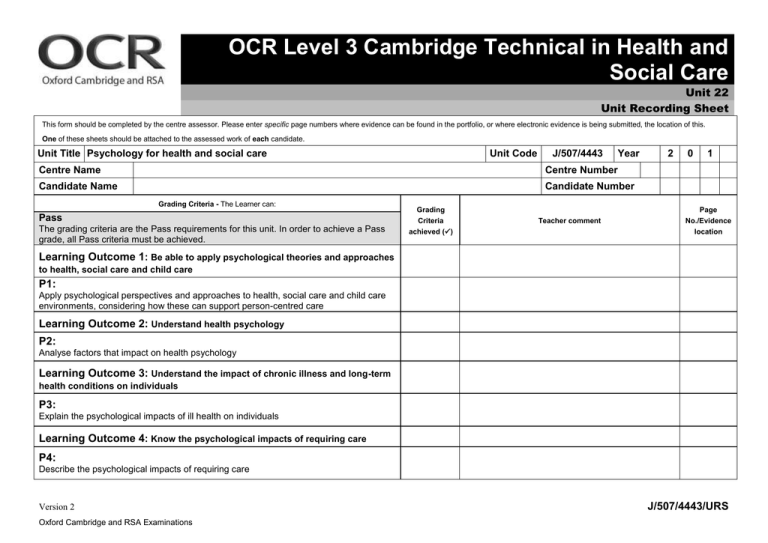 OCR Health & Social Care: Psychology Unit Recording Sheet