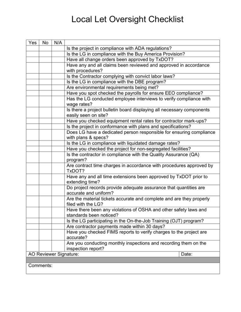 Local Let Oversight Checklist