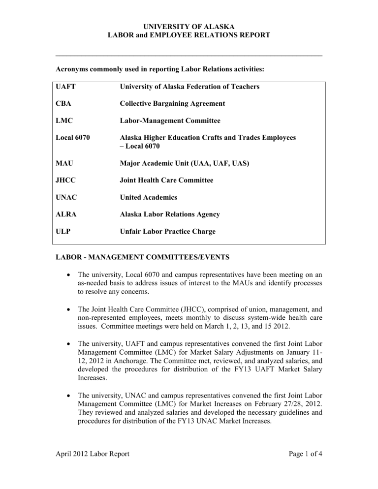 UNIVERSITY OF ALASKA LABOR and EMPLOYEE RELATIONS REPORT