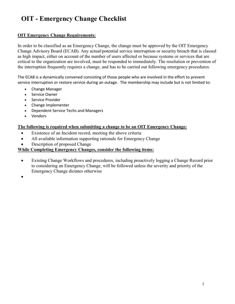 OIT Emergency Change Checklist