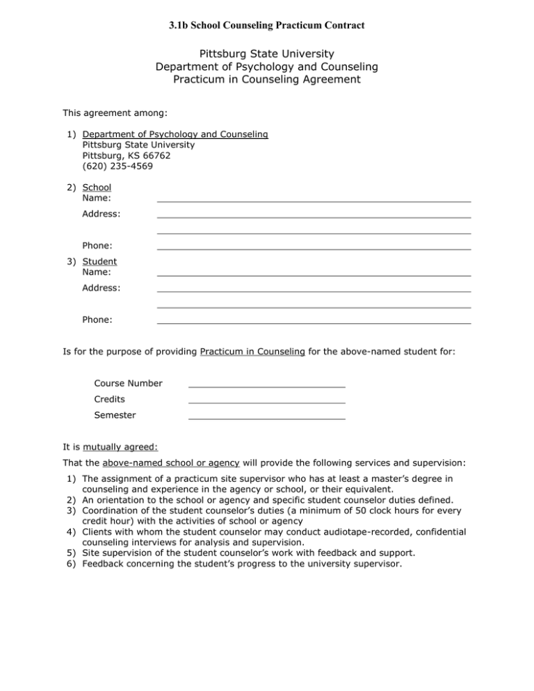 School Counseling Practicum Contract