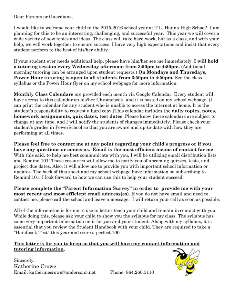 High School Parent Letter & Student Info Sheet