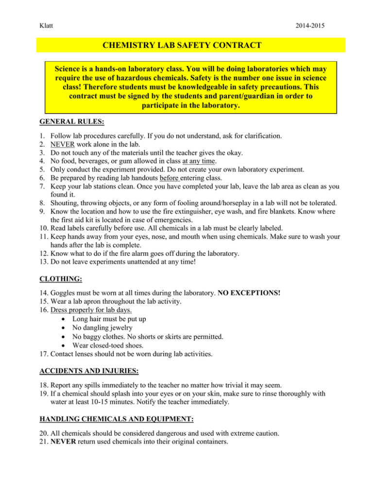 Chemistry Lab Safety Contract - High School