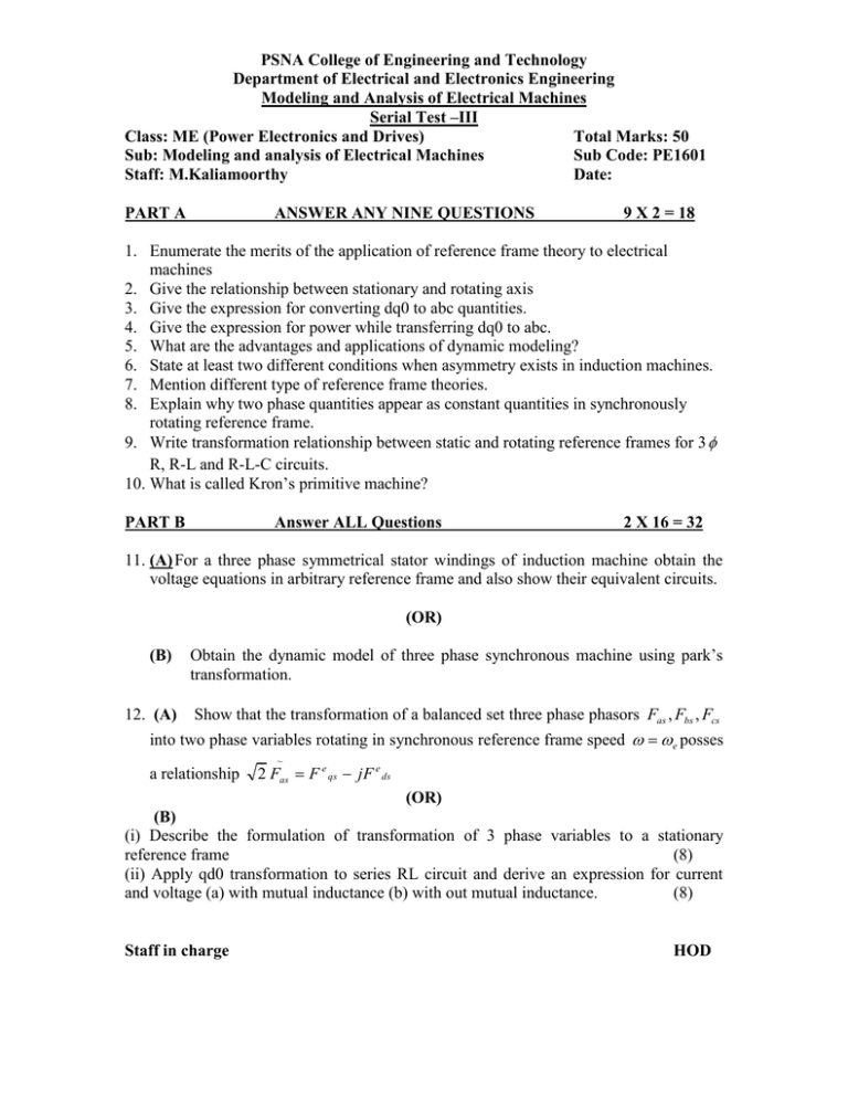 Electrical Machines Modeling Exam: Reference Frame Theory