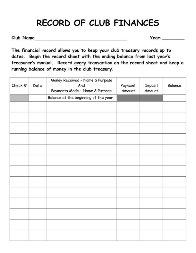 Club Financial Record Template