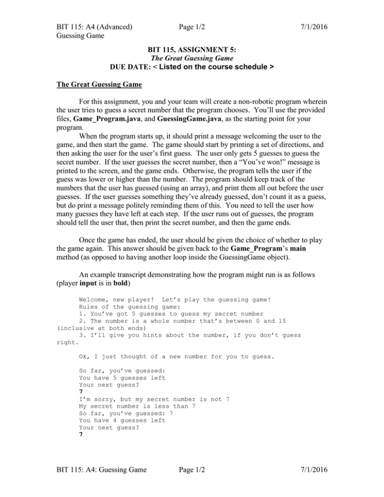 Guessing Game Assignment 