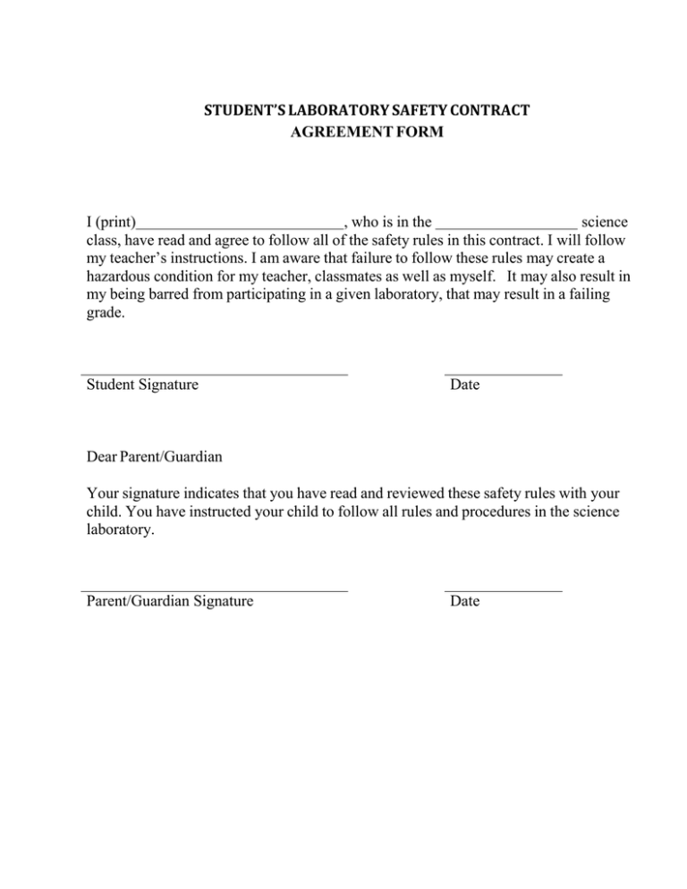 Student Lab Safety Contract Agreement Form