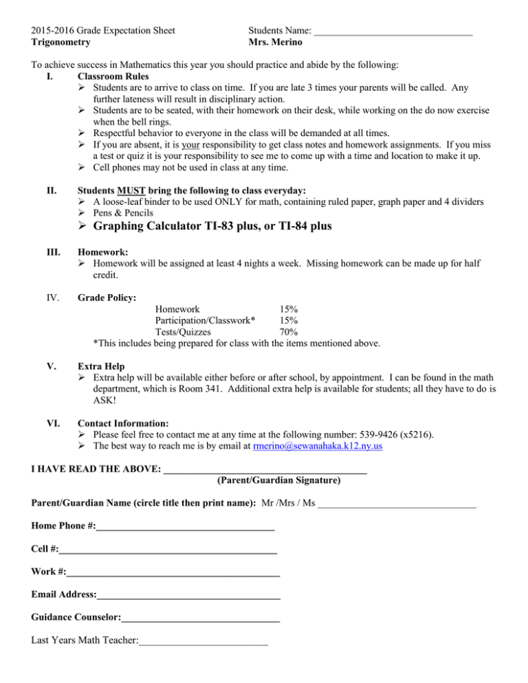 Trigonometry Grade Expectation Sheet