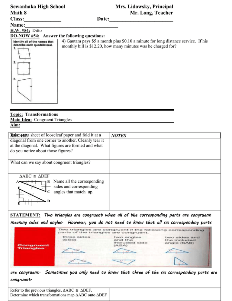 Math 8: Transformations & Congruent Triangles Worksheet