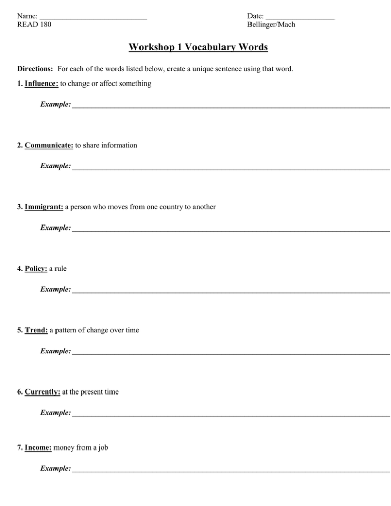 Workshop 1 Vocabulary Words