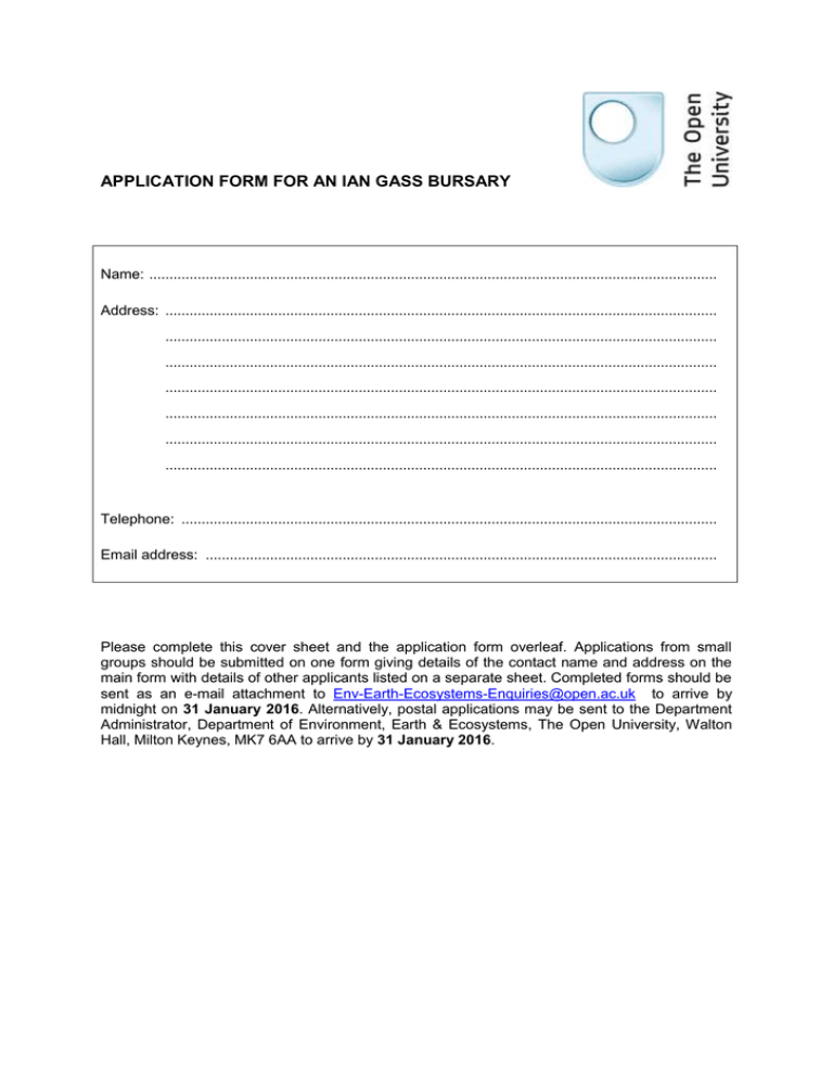APPLICATION FORM FOR AN IAN GASS BURSARY