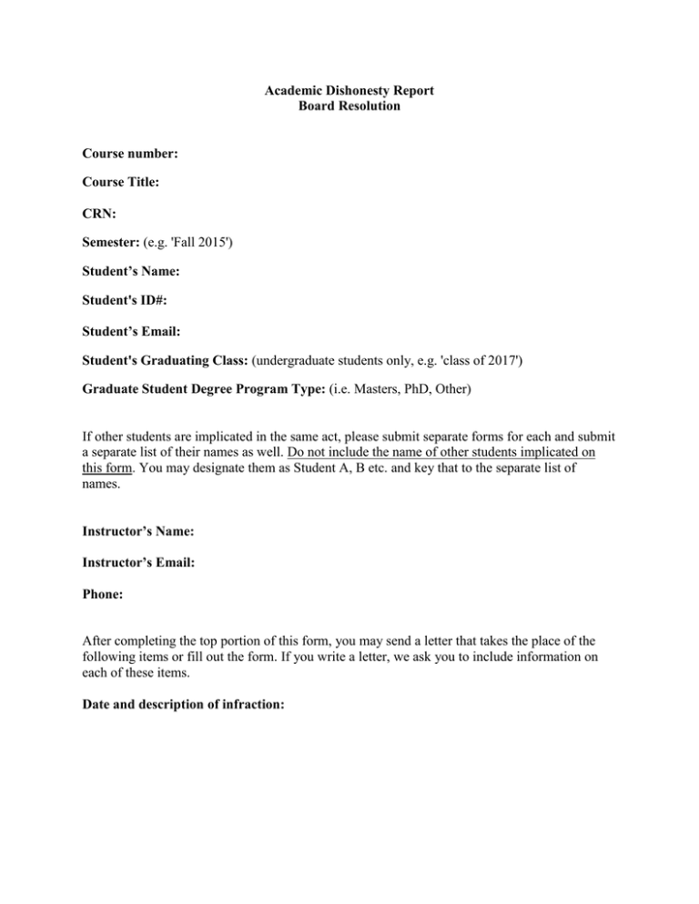 Academic Dishonesty Report Form - University Use