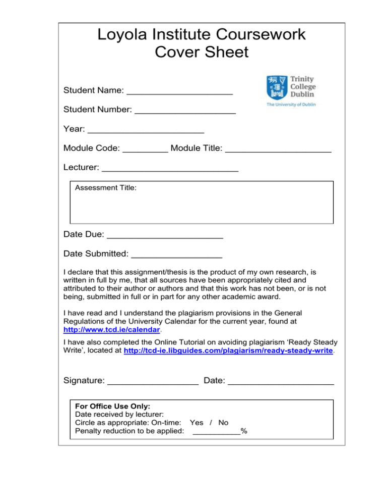 Loyola Institute Coursework Cover Sheet
