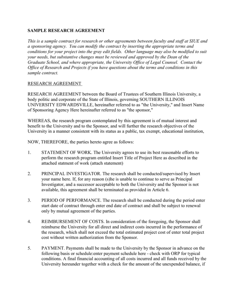Research Agreement Template: University & Sponsor