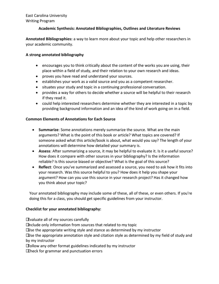 Annotated Bibliographies, Outlines & Literature Reviews