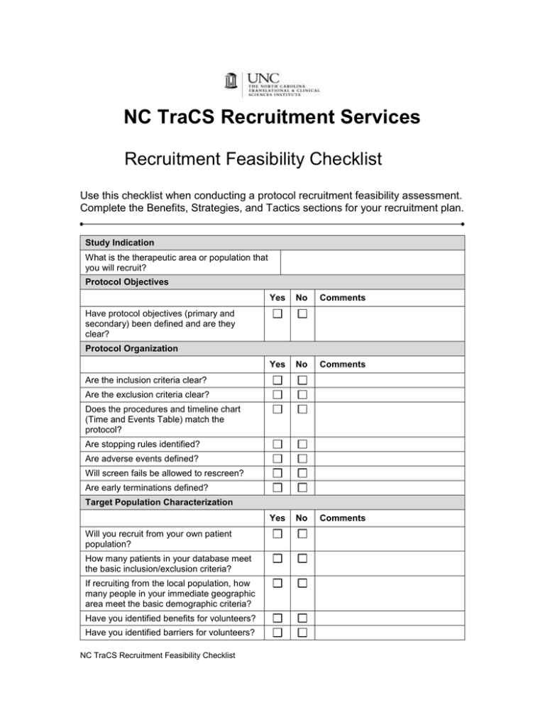 NC TraCS Recruitment Feasibility Checklist