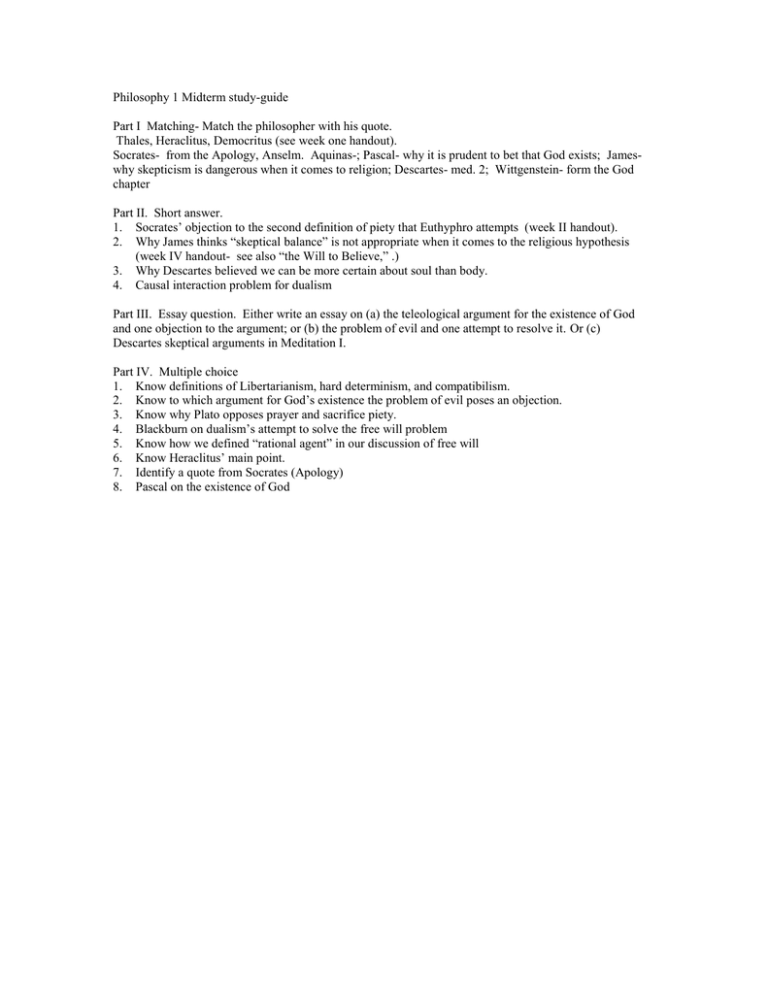 Philosophy 1 Midterm Study Guide