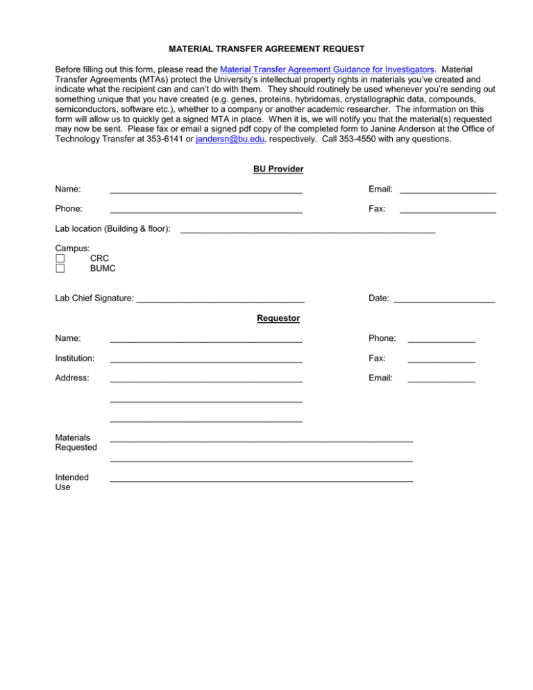 Material Transfer Agreement Request Form - Boston University