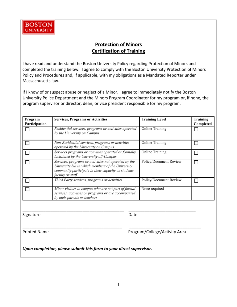 Boston University Protection of Minors Training Form