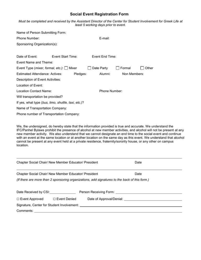 Social Event Registration Form