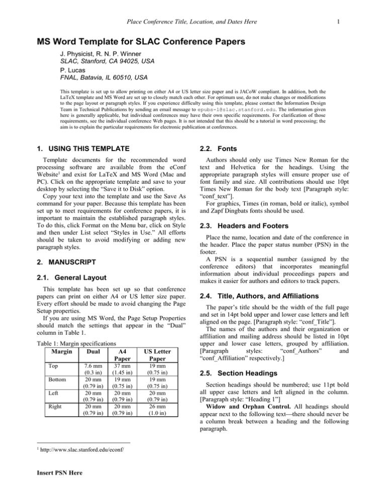 MS Word Template for SLAC Conference Papers