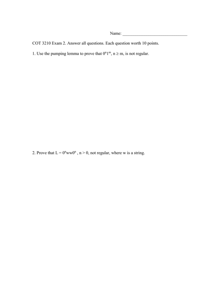 COT 3210 Exam 2: Theory of Computation